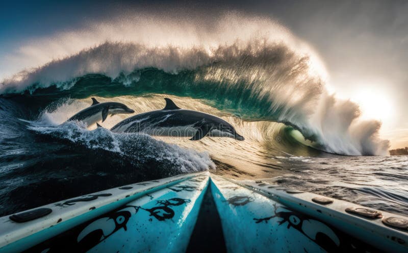 A Group of Dolphins Riding the Waves in Front of the Bow of the Boat ...