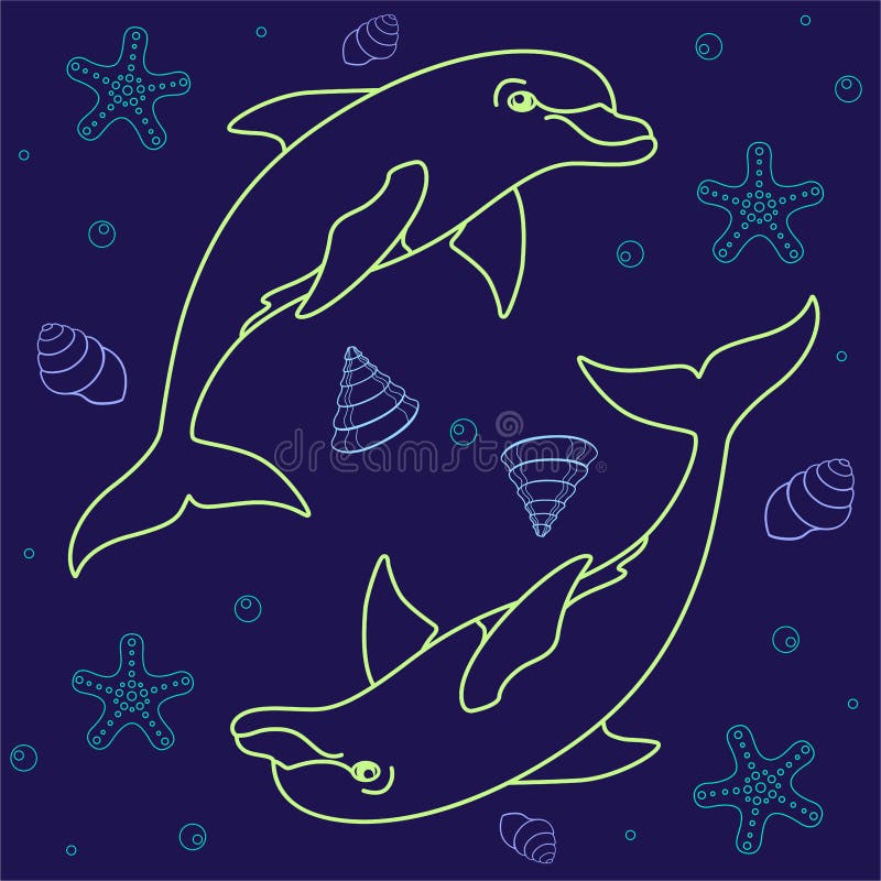 Dolphins. Seamless Pattern with Dolphins, Shells and Starfish on a ...