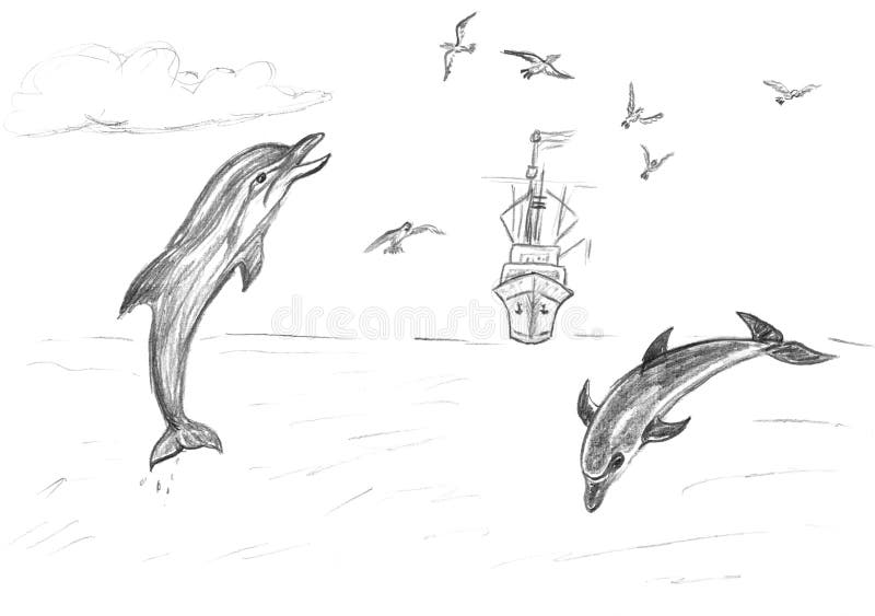 Dolphins and Ship in the Sea Stock Illustration - Illustration of ...