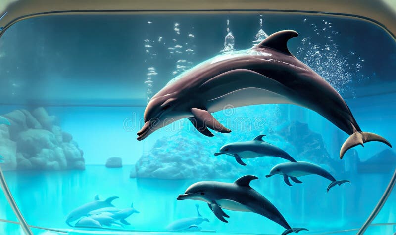 Two Dolphins Swim in the Sea in the Sun. AI Generated Stock Illustration - Illustration of lunar ...