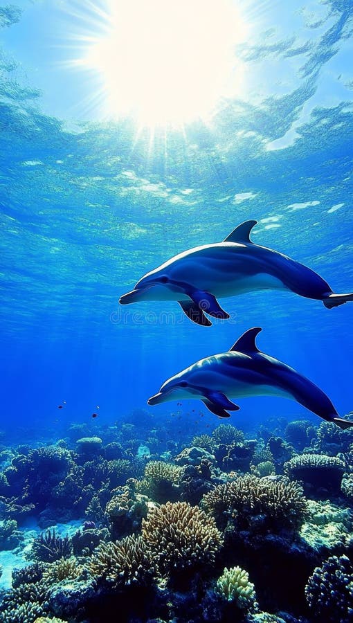 Dolphins Swim Playfully Surrounded by Vibrant Coral Reef and an Array ...