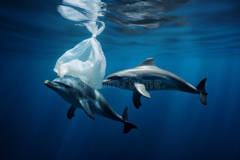 Dolphins Underwater with a Plastic Bag. the Concept of Ocean Pollution ...