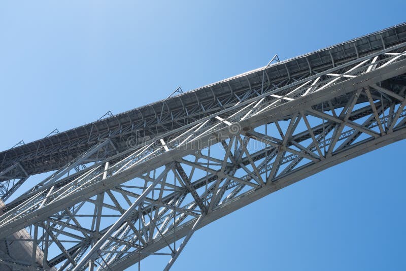 Dom Luis Iron Bridge Structure Detail Seen from the Bottom on a Blue ...