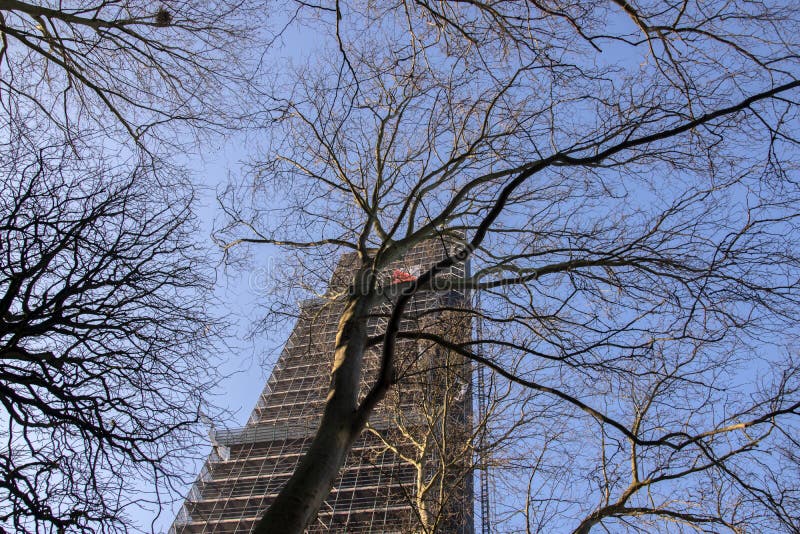 Dom Tower in Scaffolds Behind Trees at Utrecht the Netherlands 27-12 ...