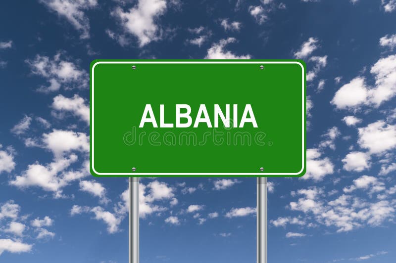 ALBANIA Road Sign Against Clear Blue Sky Stock Photo - Image of albania ...