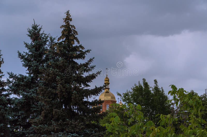 The Dome of the Church Behind the Branches of Trees Stock Image - Image ...
