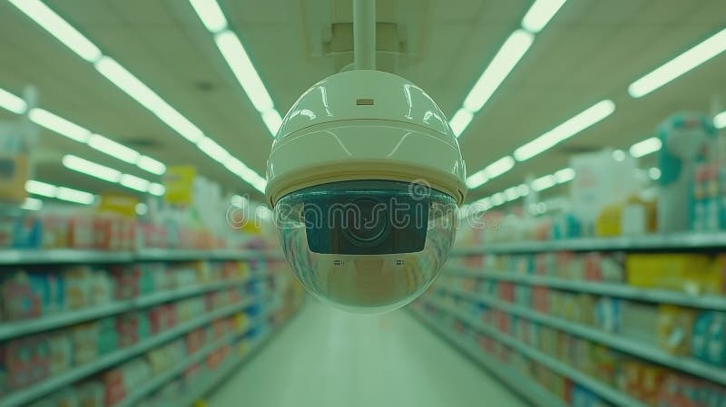 A Dome Security Camera Hangs from the Ceiling, Monitoring a Supermarket ...