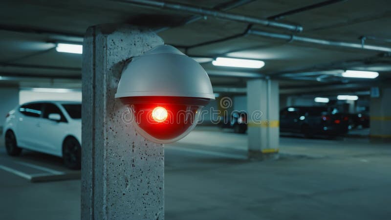 Dome-shaped Security Video Camera with Glowing Red Light Mounted on a Concrete Pillar in an ...