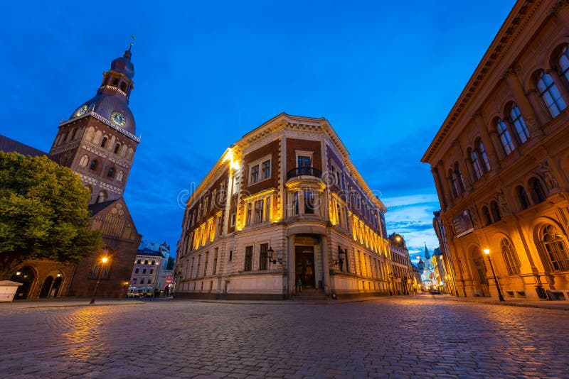 Dome Square of Riga Old Town at Night in Summer Editorial Photography ...