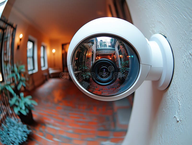 Dome Surveillance Camera on the Wall of a Building, Wide Angle Lens ...