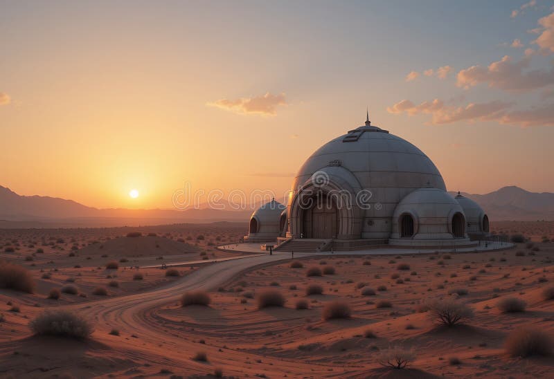 Domed Structure in Desert Landscape at Sunset with Mountain Backdrop ...