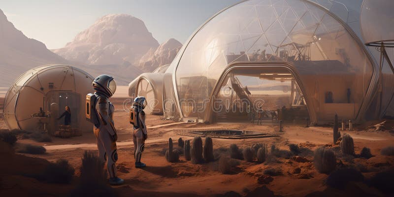Domed Transparent Habitation Module on the Planet Mars with Astronauts ...
