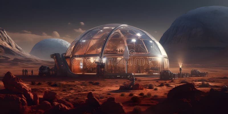 Domed Transparent Habitation Module on the Planet Mars with Astronauts ...