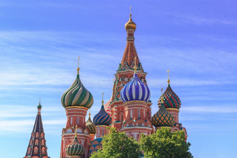 Domes of St. Basil`s Cathedral on Red Square on a Blue Sky Background ...