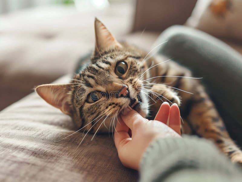 A Domestic Cat Biting a Human Hand Stock Illustration - Illustration of ...