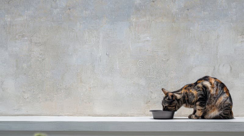 Domestic Cat Eating from Bowl Against Concrete Wall Background Stock ...
