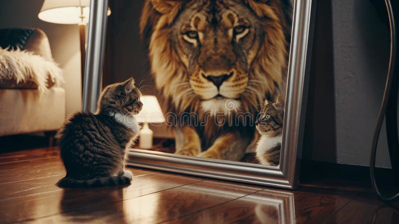 Domestic Cat Gazing into Mirror, Visualizing Powerful Lion Reflection ...