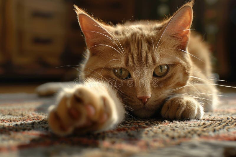 A Domestic Cat Lying Down on the Floor, with One Paw Resting on the ...