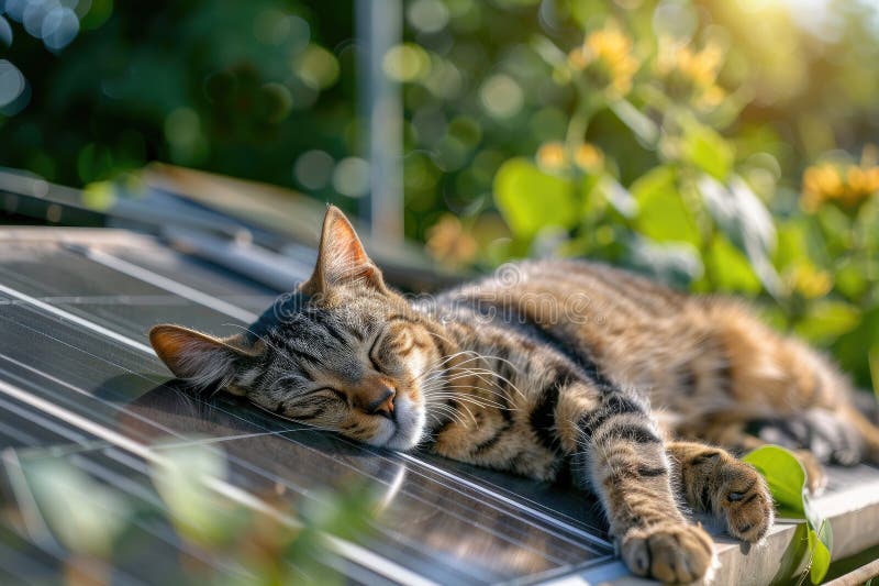 Domestic Cat Lying on a Roof with a Solar Panel and Enjoying the Sun ...