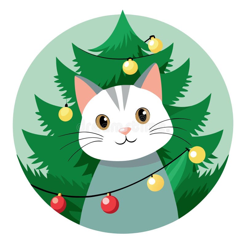 Domestic Cat Peeking Out between Branches of Christmas Tree between ...