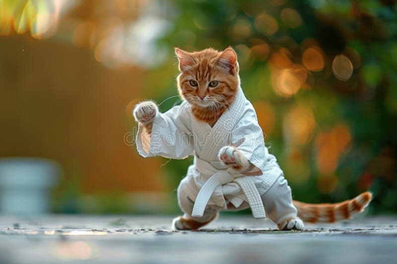 A Domestic Cat Posing in a White Robe, Performing a Karate Stance Stock ...