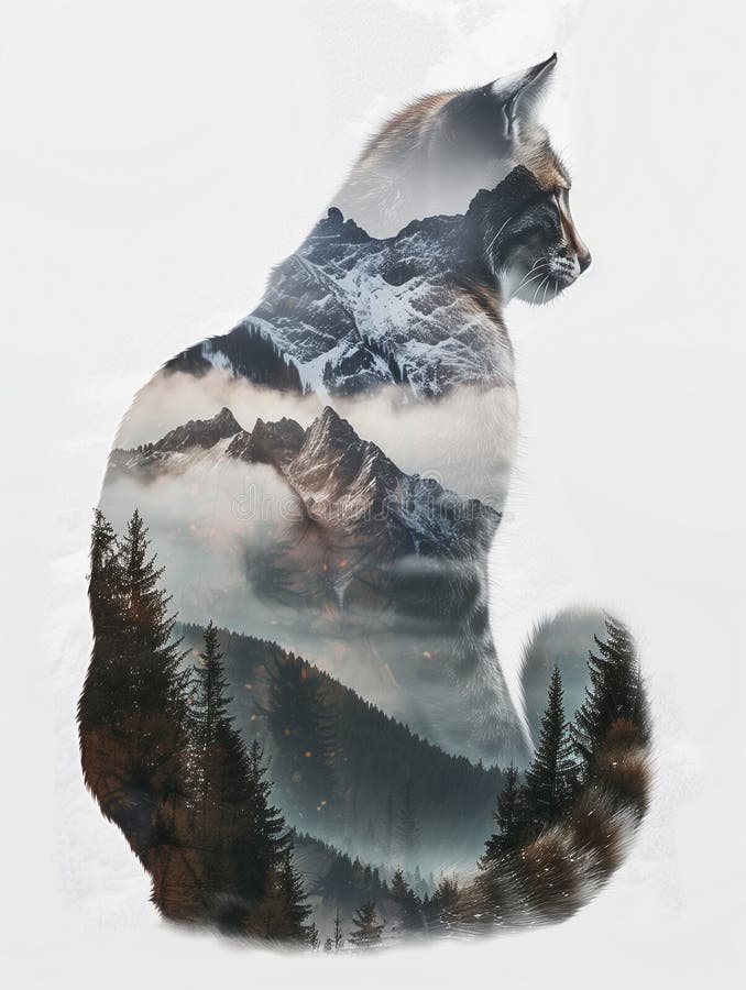 Domestic Cat Poster Art with Double Exposure of Forest Wilderness Stock ...