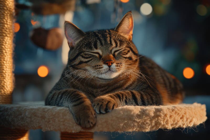 A Domestic Cat Reclining on Top of Its Cat Tree, Surrounded by Climbing ...
