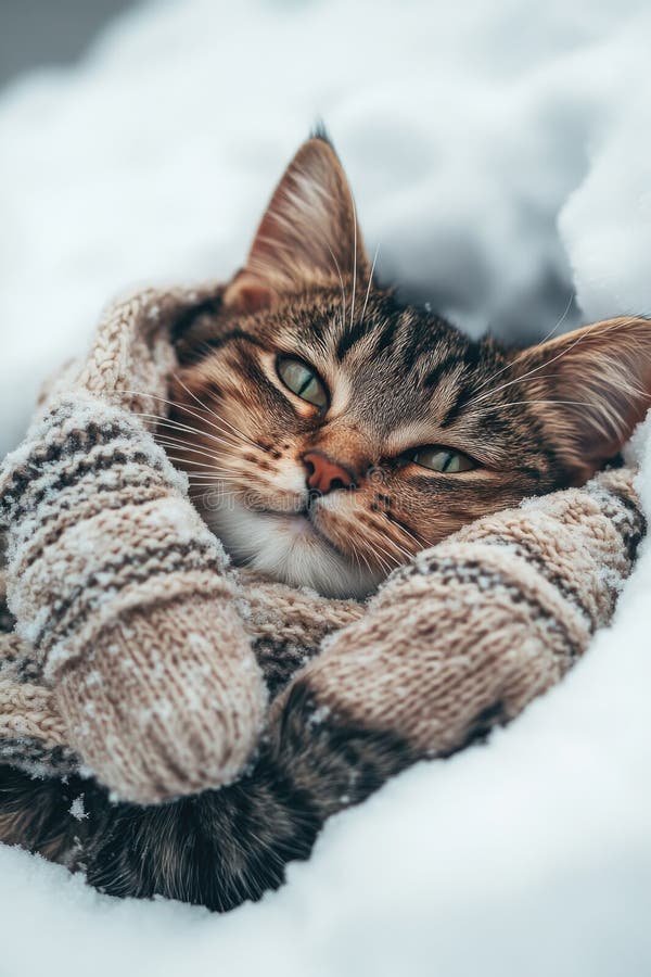 A Domestic Cat Rests in the Snow Stock Photo - Image of celebration ...