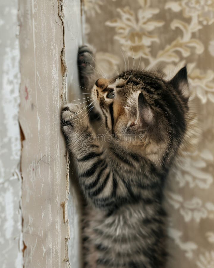 A Domestic Cat Scratching the Wallpaper Stock Illustration ...
