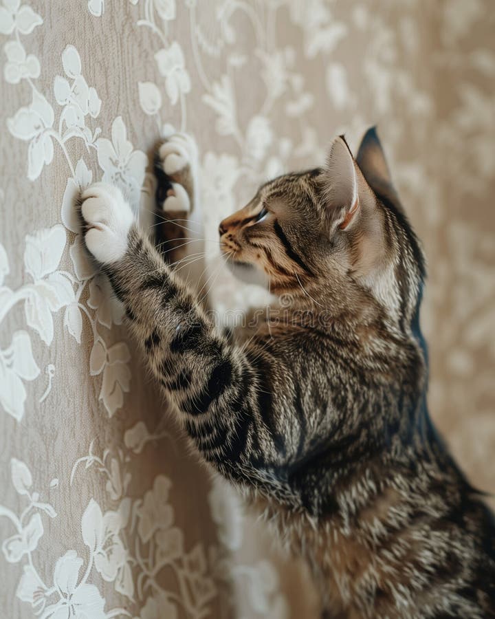 A Domestic Cat Scratching the Wallpaper Stock Illustration ...