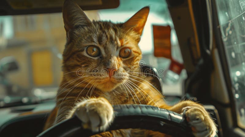 A Domestic Cat is Sitting in the Driver S Seat of a Car, Looking Around ...