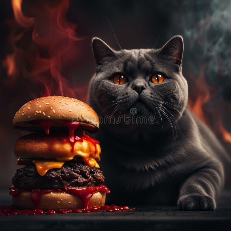 Domestic Cat Sitting Next To a Cheeseburger, AI-generated. Stock ...