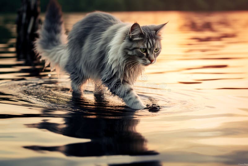 Domestic Cat Walking on Water. Cat in the Water Stock Illustration ...