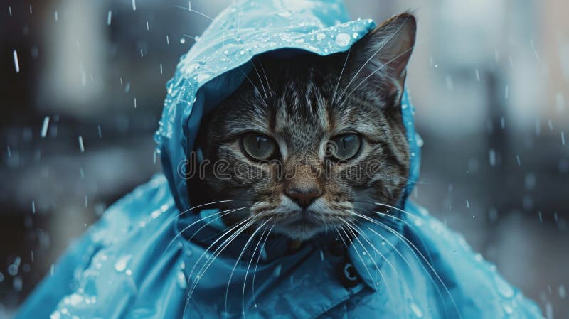 A Domestic Cat Wears a Blue Raincoat and Gets Wet in the Rain Stock ...