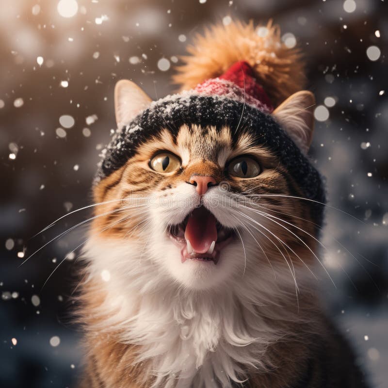 Domestic Cat in Winter Hat Outdoors in Winter Stock Illustration ...