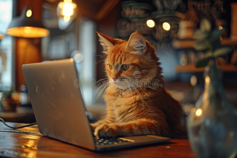 Domestic Cat Working on Laptop at Home, Remote Work Concept Stock Image ...