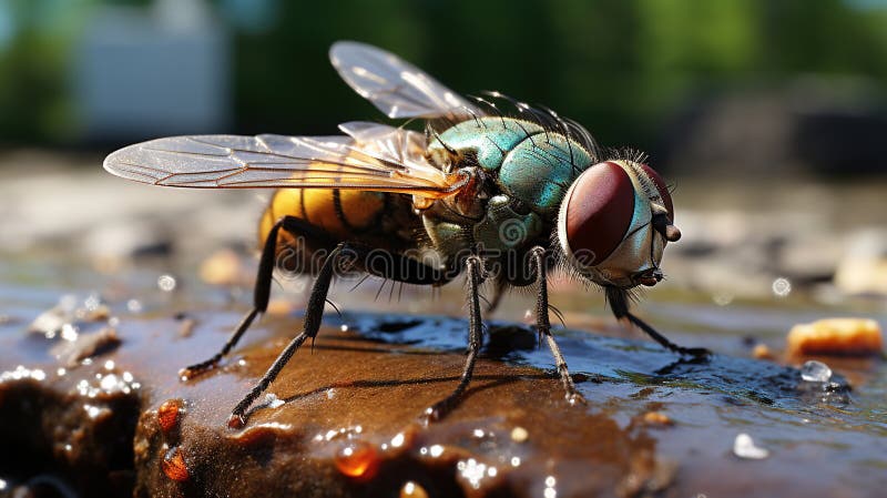 Domestic Colored Fly Sits on the Surface Focus on Foreground Stock ...
