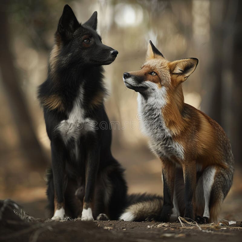 A Domestic Dog and a Wild Fox Stand Side by Side, a Moment of ...