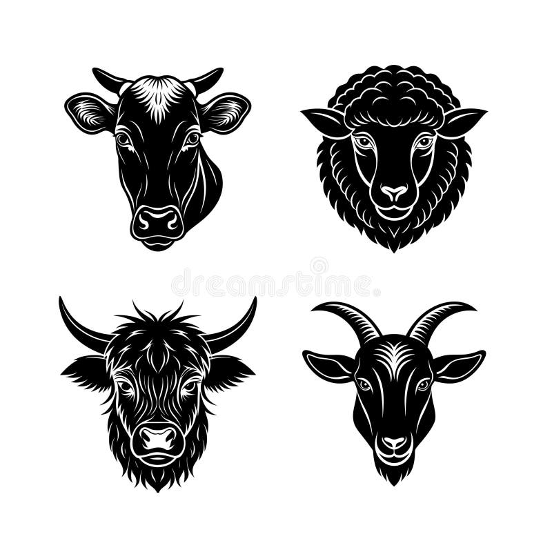 Domestic Farm Animal Head Vector Silhouette Art Illustration Bundle ...
