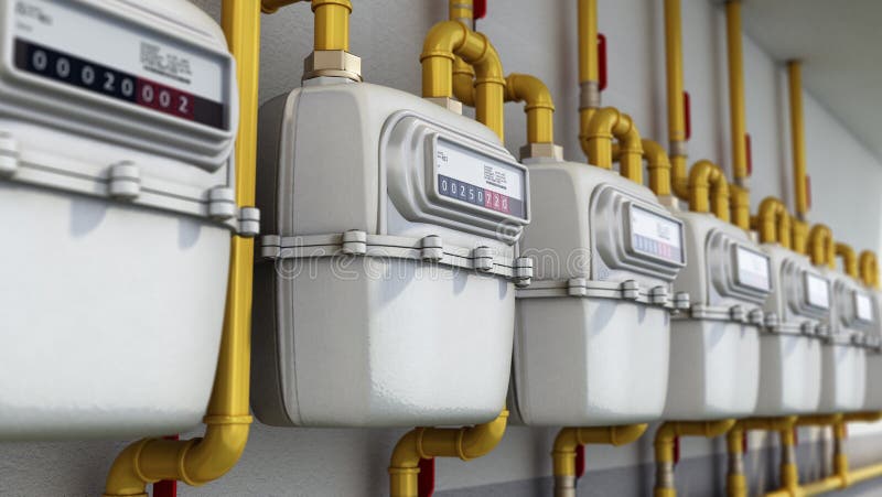 Domestic Gas Meters in a Row. 3D Illustration Stock Illustration ...