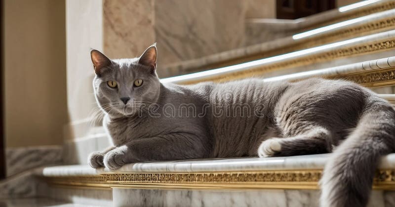 A Domestic Grey Cat Lying Down Marble Stairway Stock Illustration ...