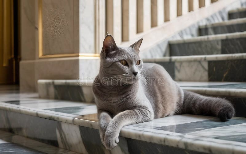 A Domestic Grey Cat Lying Down Marble Stairway Stock Illustration ...