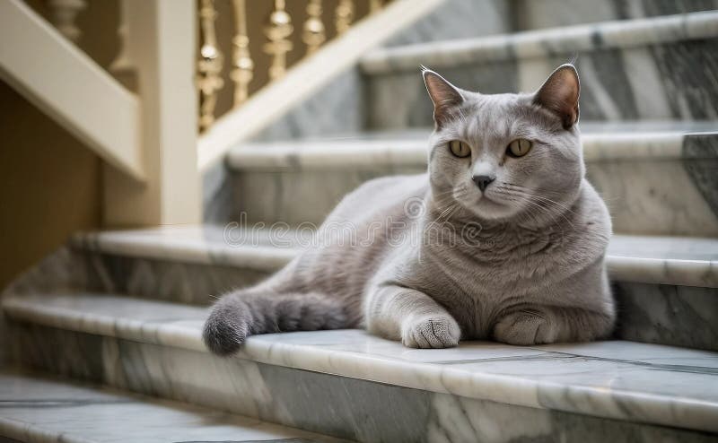 A Domestic Grey Cat Lying Down Marble Stairway Stock Illustration ...
