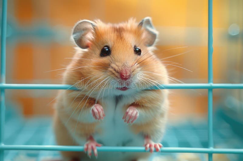 A Domestic Hamster in Cage. a Small Fluffy Hamster on a Blue Background ...