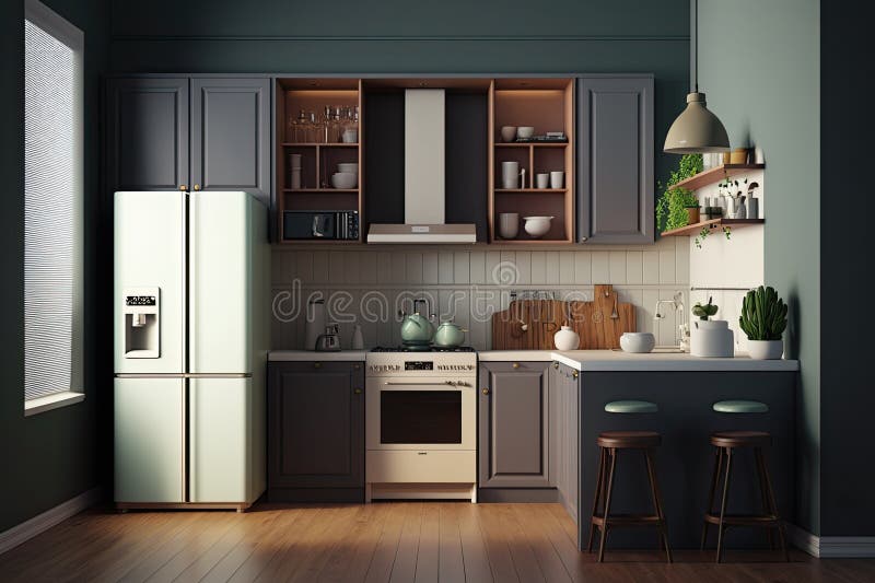 Domestic Kitchen in Modern Apartment Stock Illustration - Illustration ...