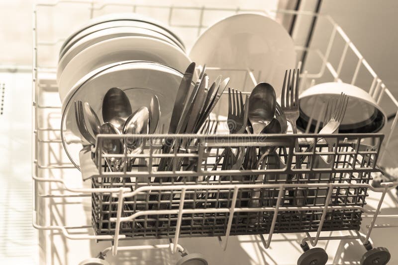 Domestic Kitchen Utensils in Dish Washer Stock Photo - Image of indoor ...