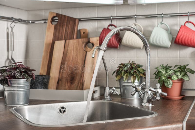 Domestic Kitchen with Water Faucet Stock Photo - Image of kitchen ...
