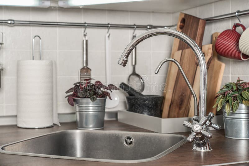 Domestic Kitchen with Water Faucet Stock Photo - Image of cutting ...