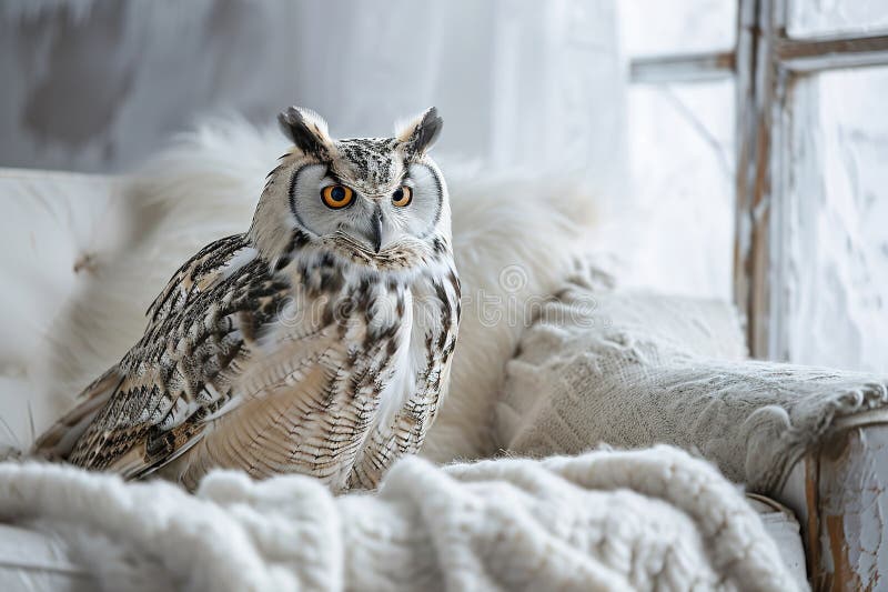 Domestic Owl Sitting on White Sofa in Light Living Room Stock ...