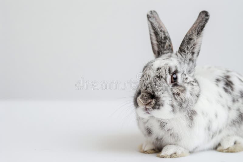 A Domestic Rabbit with Gray Spots Resting on a White Background Under ...
